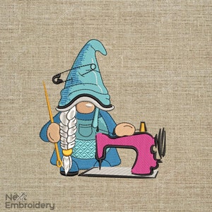 Sewing Girl Gnome Embroidery Design. Gnome With Sewing Machine ...