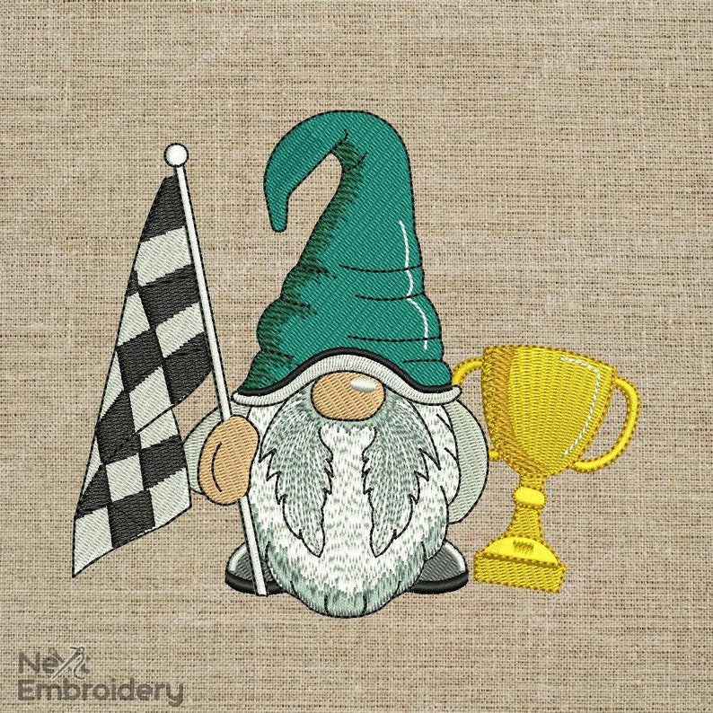 Racer Gnome Embroidery Design, Racing Embroidery Design, Trophy Cup ...
