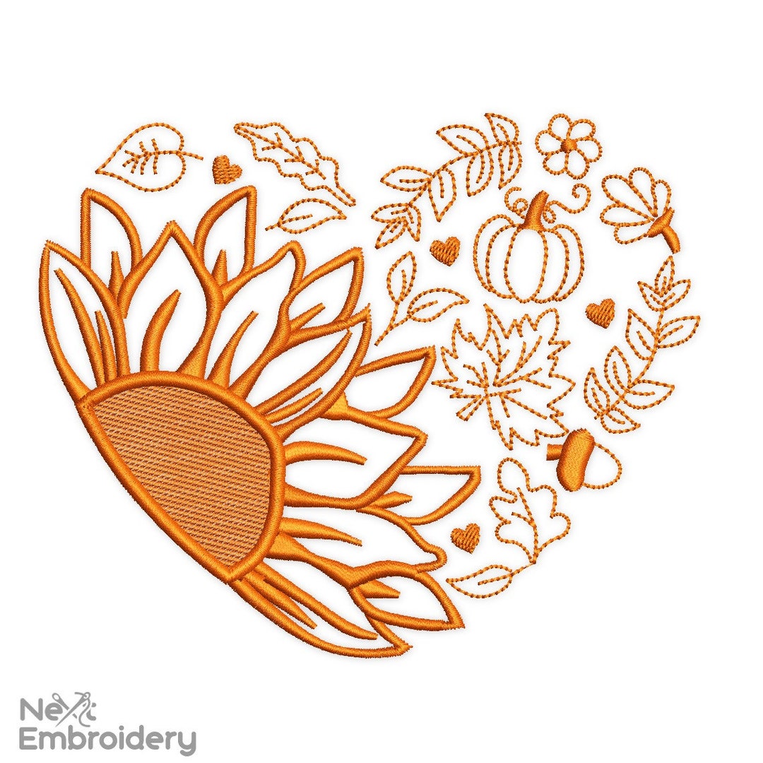 Fall Leaves Heart Embroidery Design, Sunflower Embroidery Design ...