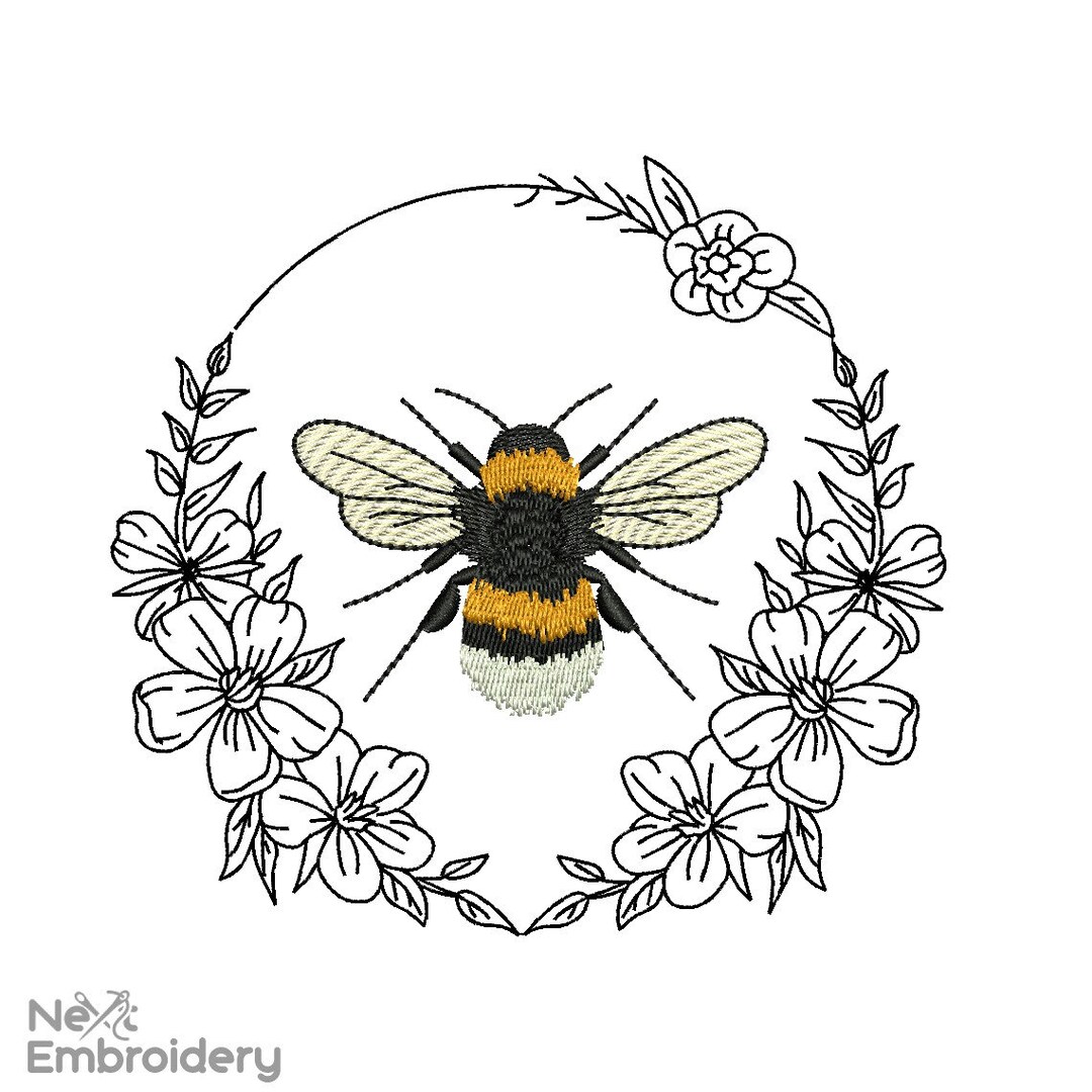 Floral Bee Embroidery Design, Retro Embroidery Design, Instant Download ...