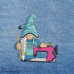 Sewing Girl Gnome Embroidery Design. Gnome With Sewing Machine ...