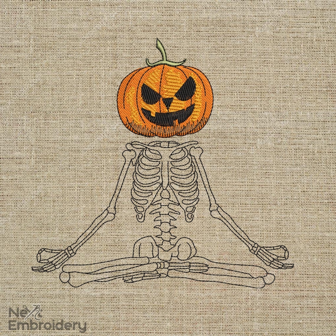 Skeleton Embroidery Design. Halloween Pumpkin Skeleton Meditating ...