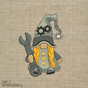 Mechanic Girl Gnome Embroidery Design, Gnome With Wrench Machine ...
