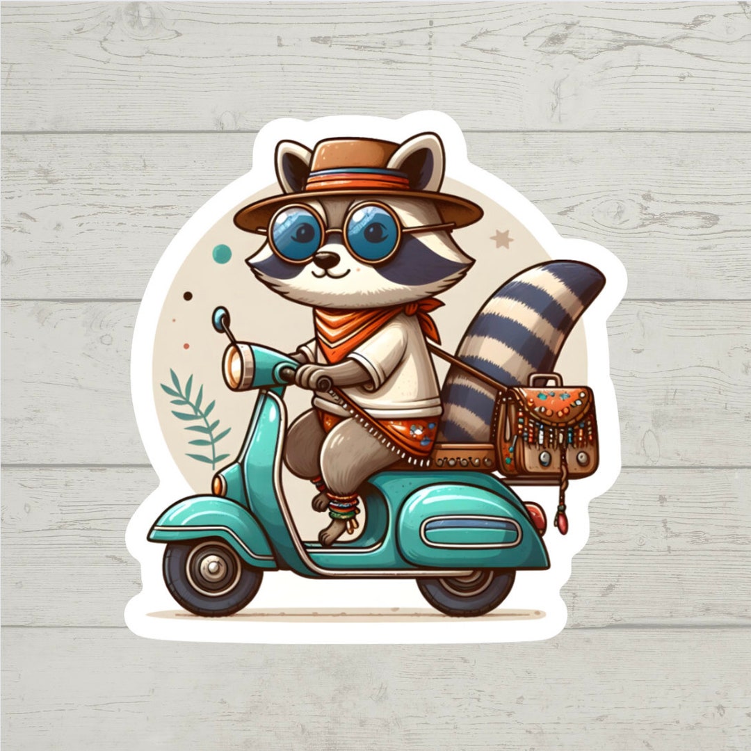 Raccoon Riding a Scooter Sticker Colorful Waterproof Glossy Vinyl ...