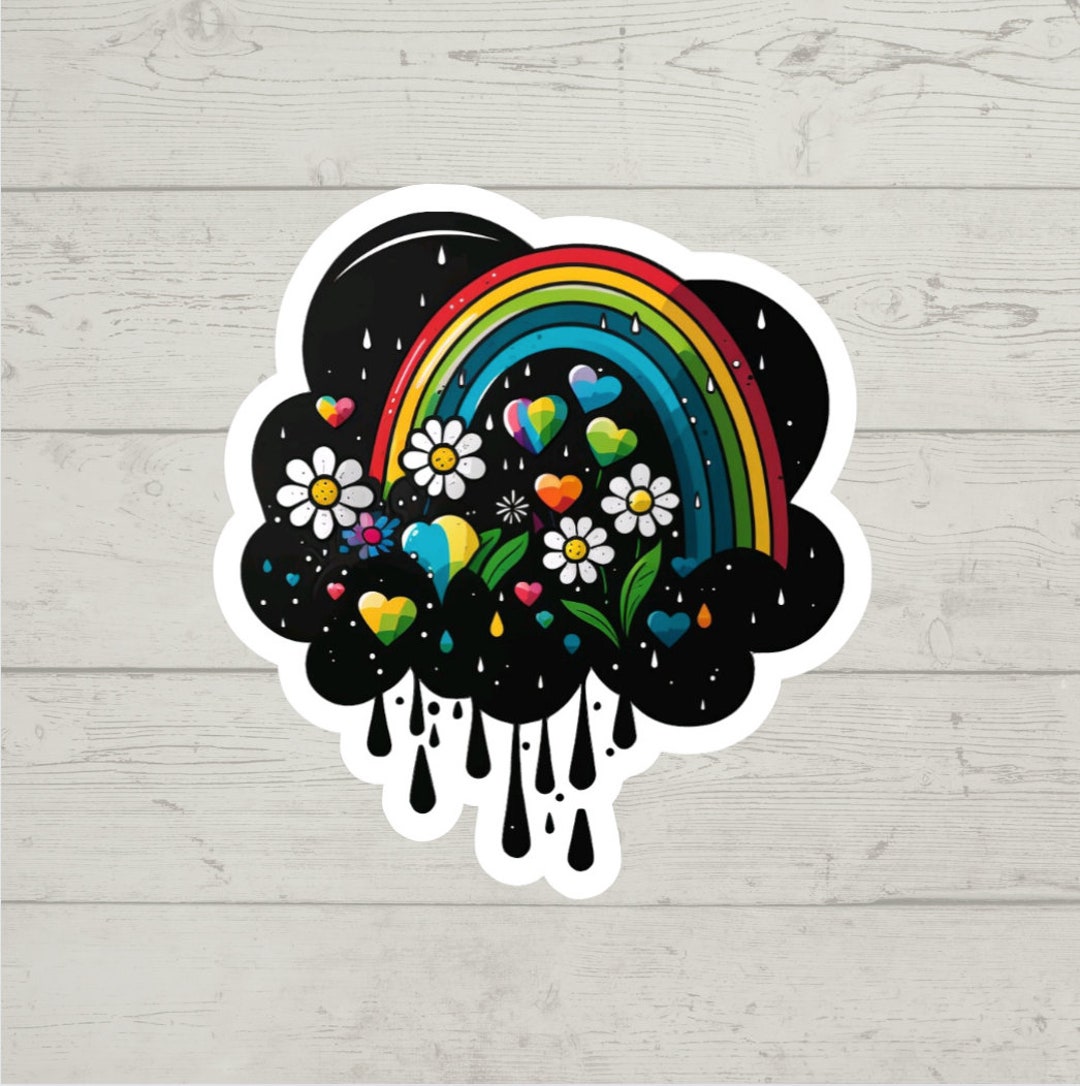 Black Cloud With Rainbow and Flowers Sticker Waterproof Glossy Vinyl ...