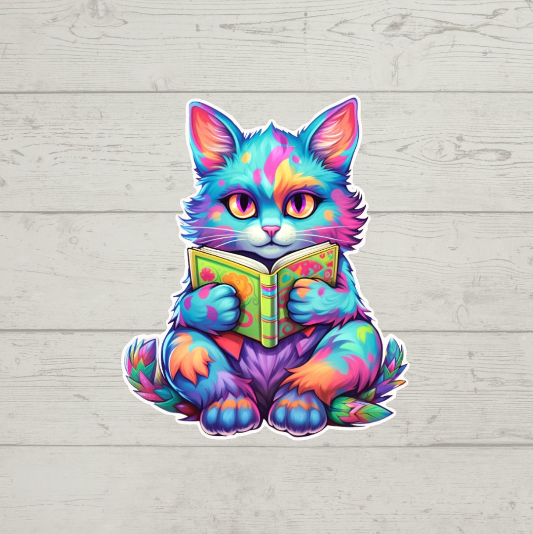 Psychedelic Cat Reading Book Sticker Waterproof Glossy Vinyl Sticker ...