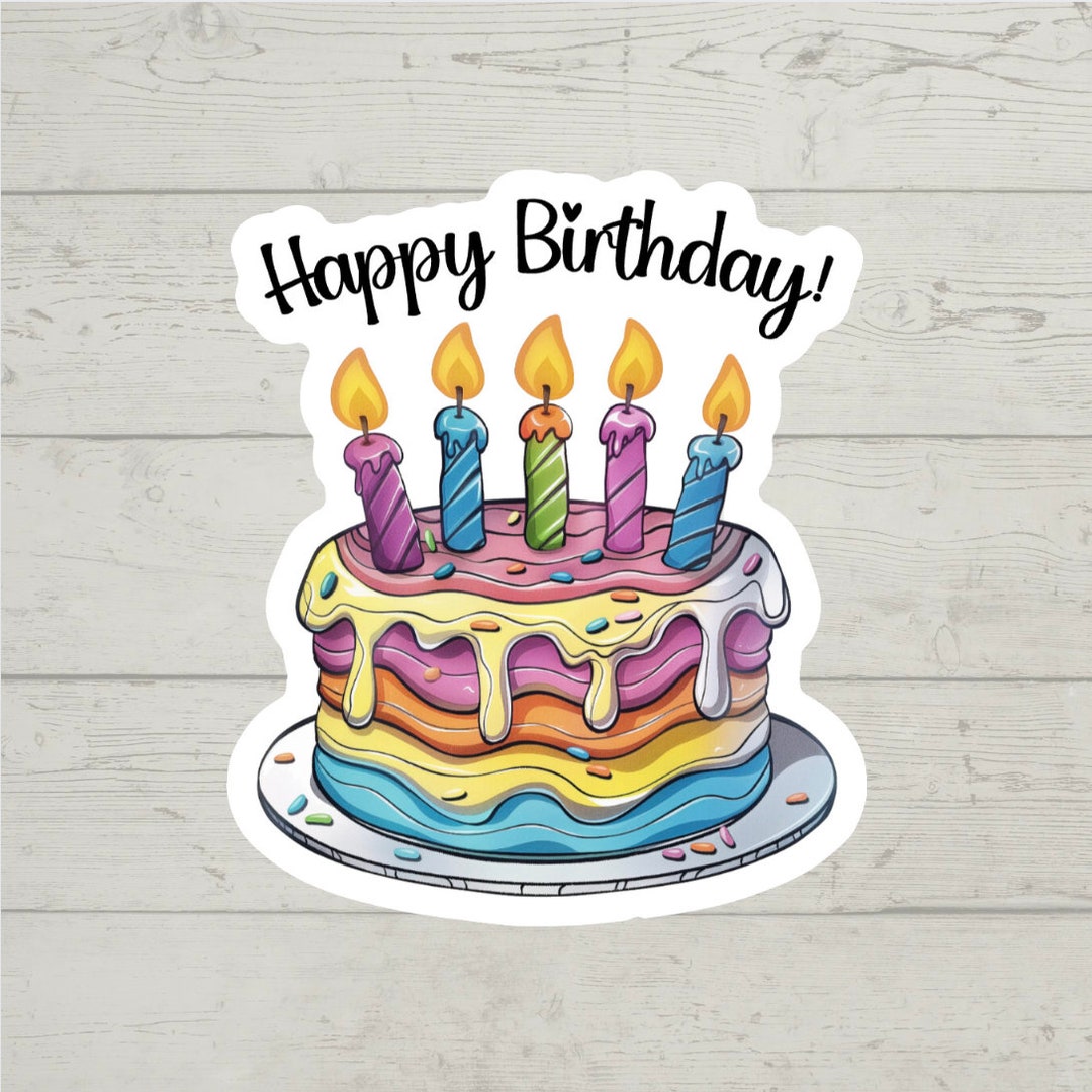 Happy Birthday Cake Sticker Colorful Waterproof Glossy Vinyl Sticker ...