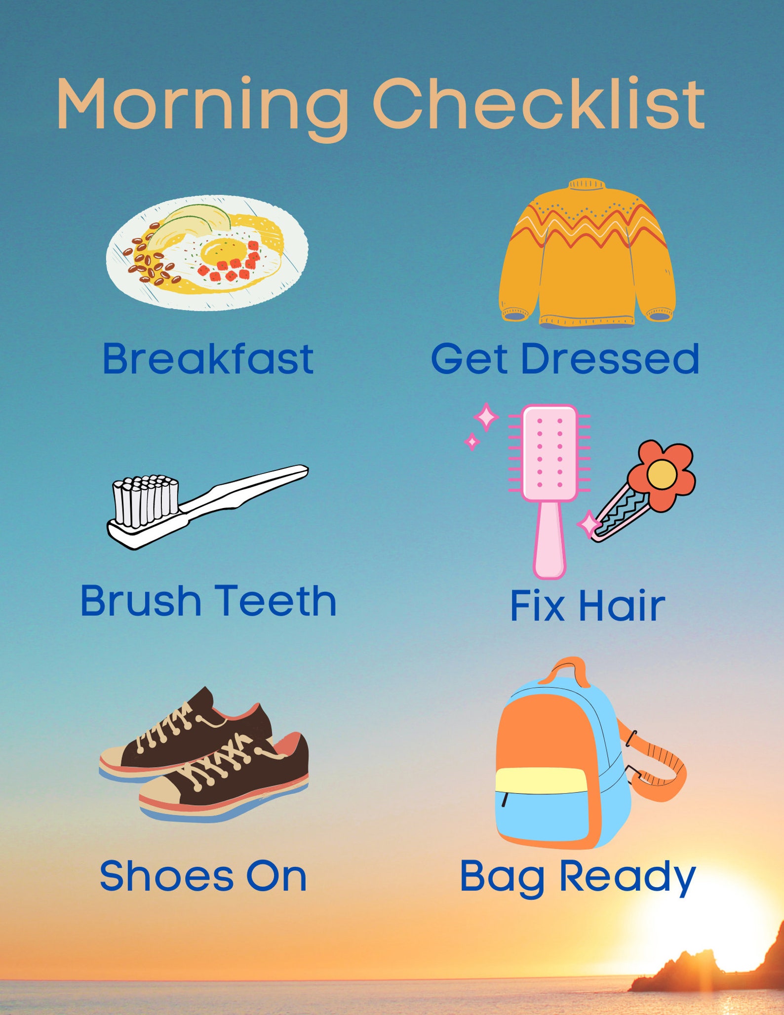 Morning Checklist for Kids | Back to School | Morning Routine - Etsy