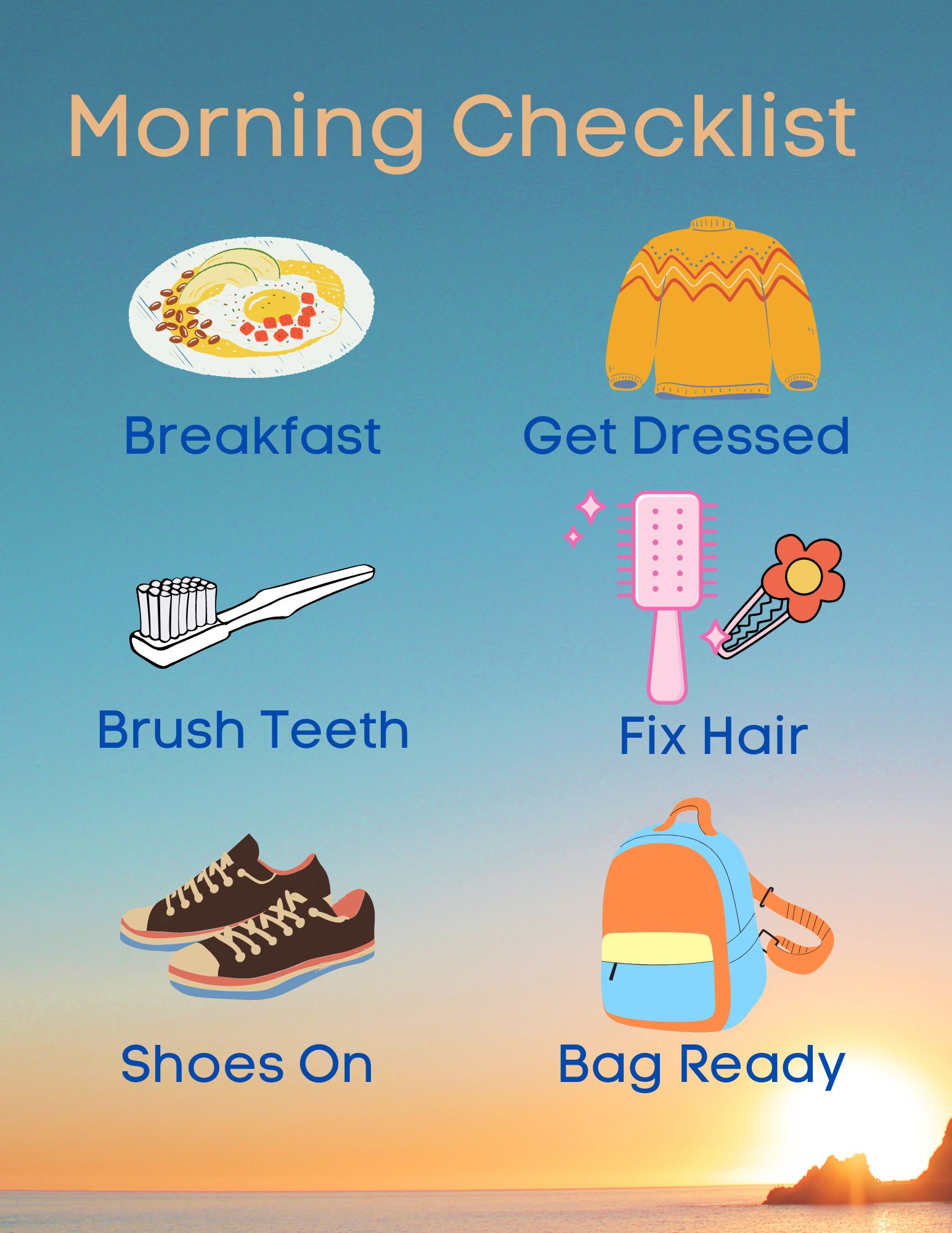 Morning Checklist for Kids | Back to School | Morning Routine - Etsy