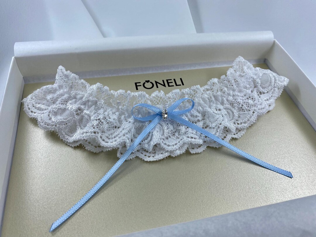 Lace Wedding Garter – White Lace, Light Blue Satin Bow, Czech Crystal ...