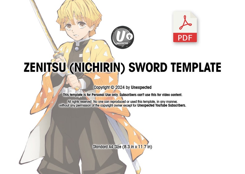 Zenitsu Agatsuma Nichirin Template - A4 PDF Blueprint for DIY - Etsy