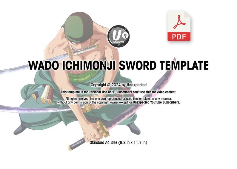 Roronoa Zoro - Wado Ichimonji Sword Template - A4 PDF Blueprint for DIY ...