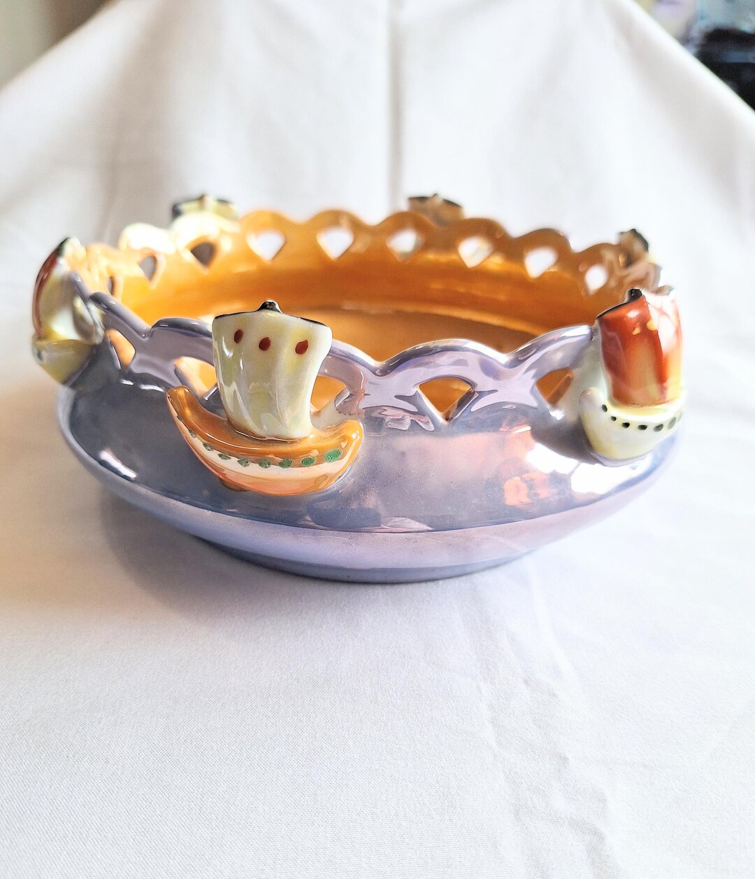 Beautiful Vintage Takito Lusterware Blue Bowl With Applied Sailboats ...