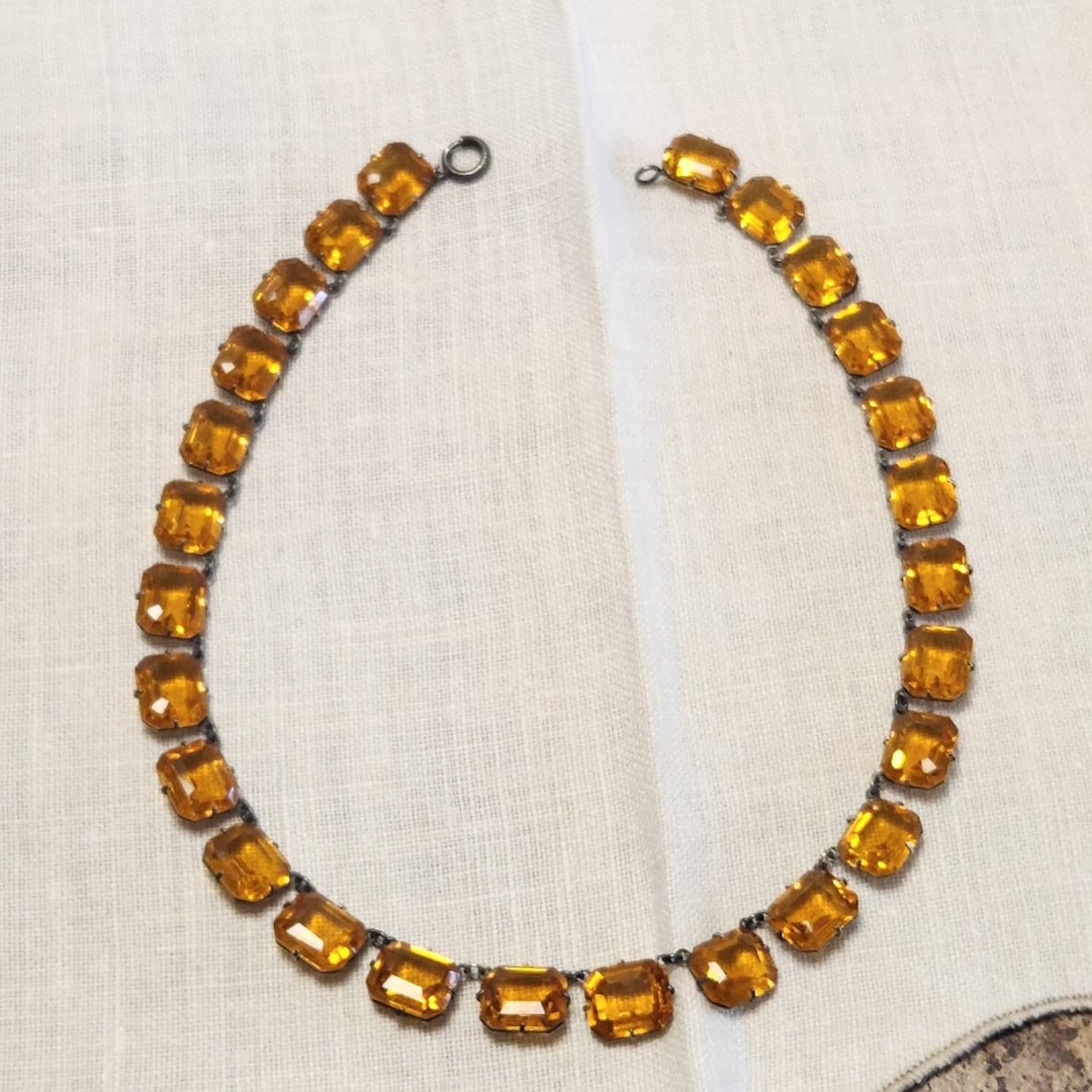 Sterling Silver and Dark Yellow Glass Necklace - Vintage Gold and Glass ...