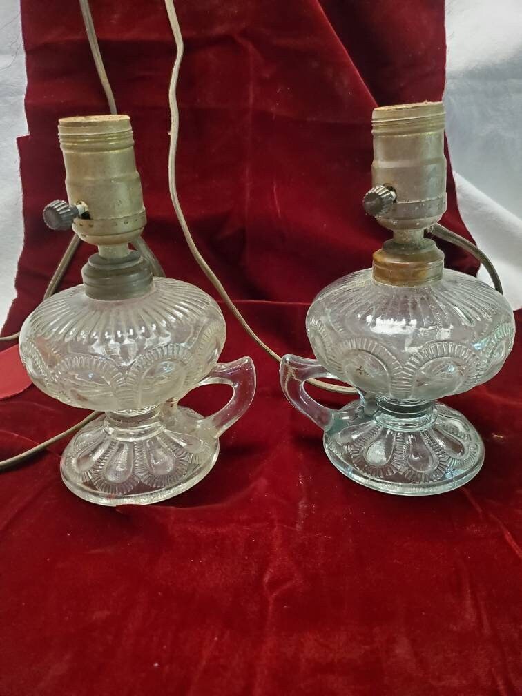 Two Vintage Pressed Glass Oil Lamo Base Fingertip Lamps - Eyebrow ...