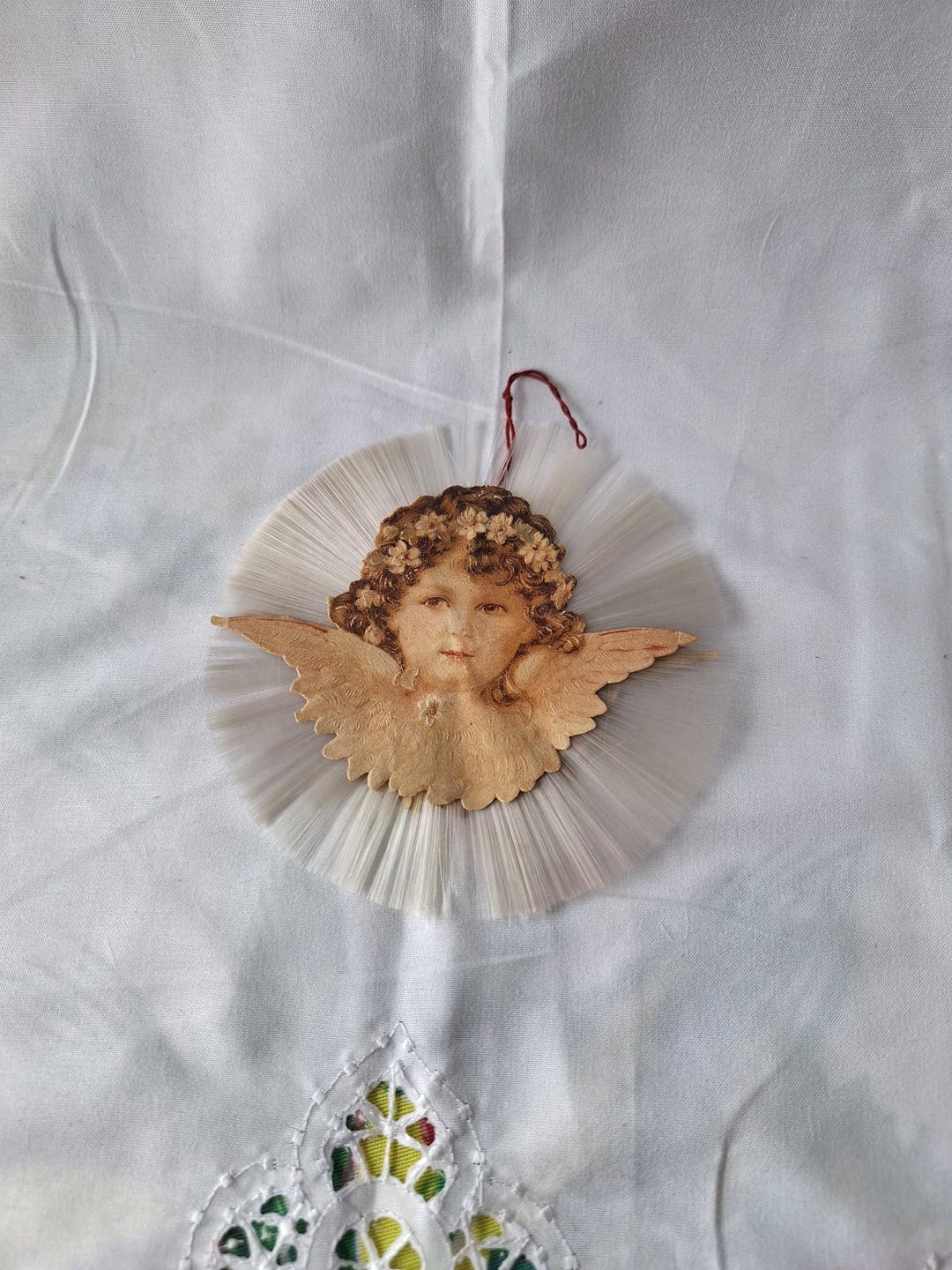 Victorian Christmas Ornament Embossed Cherub Angel Surrounded by a Spun ...