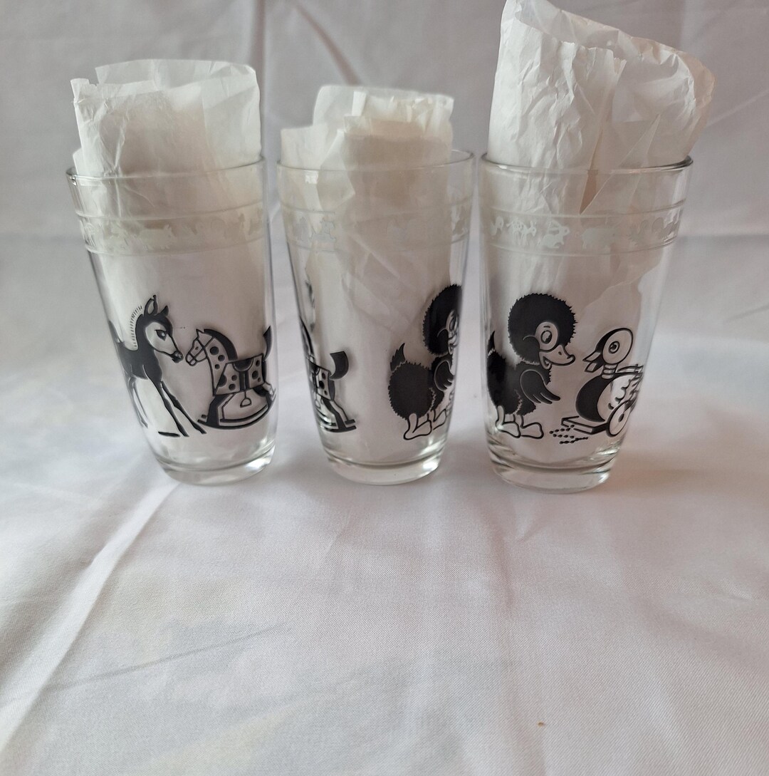 1950's Vintage Kraft Swanky Swig Black Animal Juice Glasses Ducks and ...