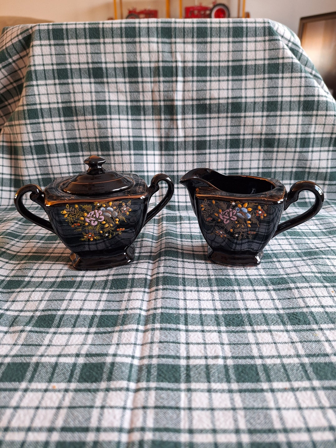 Vintage Tashiro Shoten Black Lusterware Cream Pitcher and Covered Sugar ...