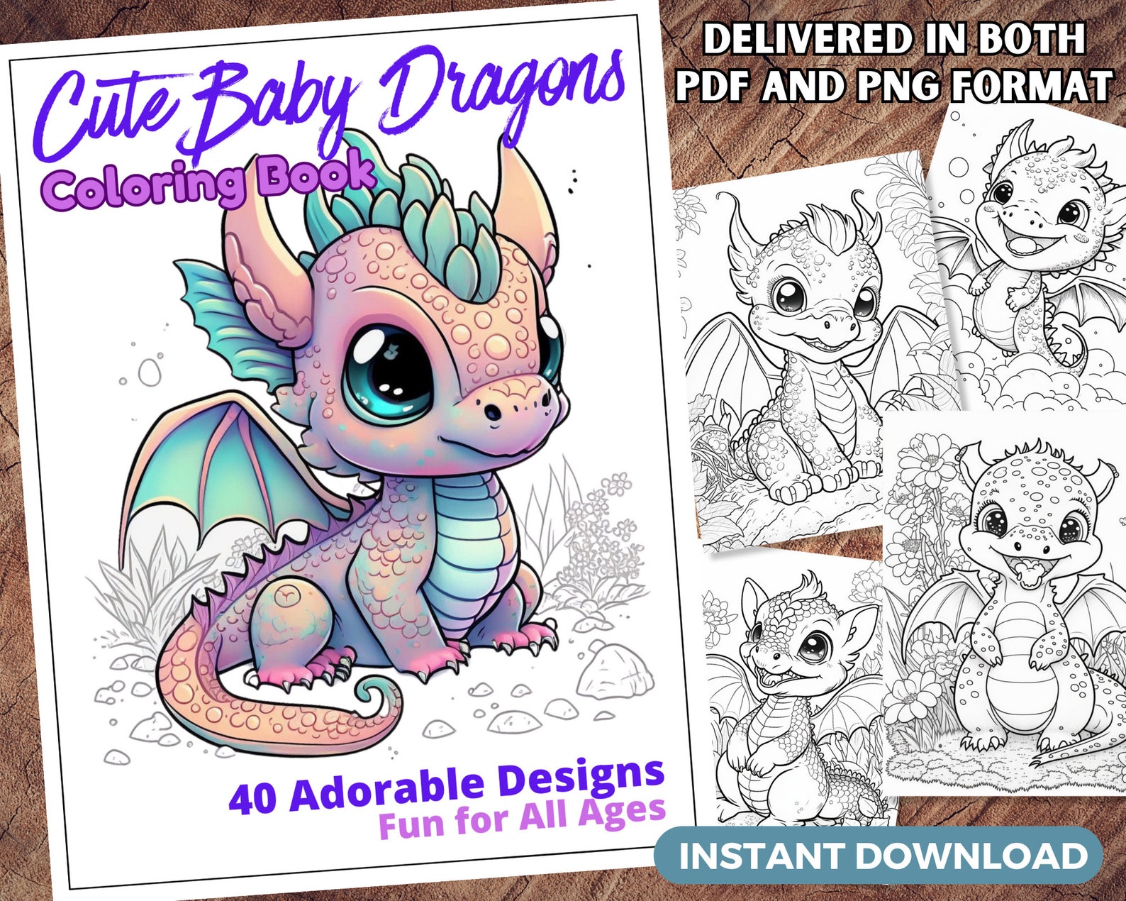 40 Cute Kawaii Baby Dragon Fantasy Coloring Book Pages, Great for ...