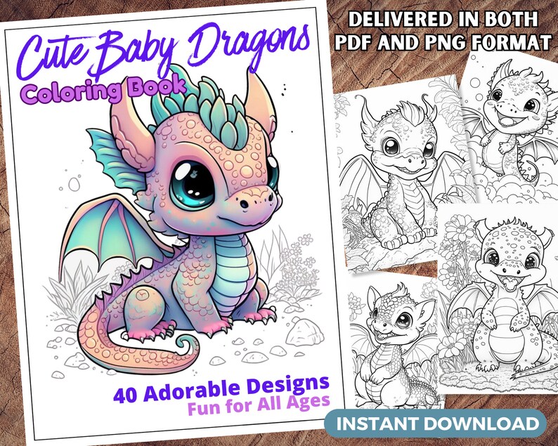 40 Cute Kawaii Baby Dragon Fantasy Coloring Book Pages, Great for ...