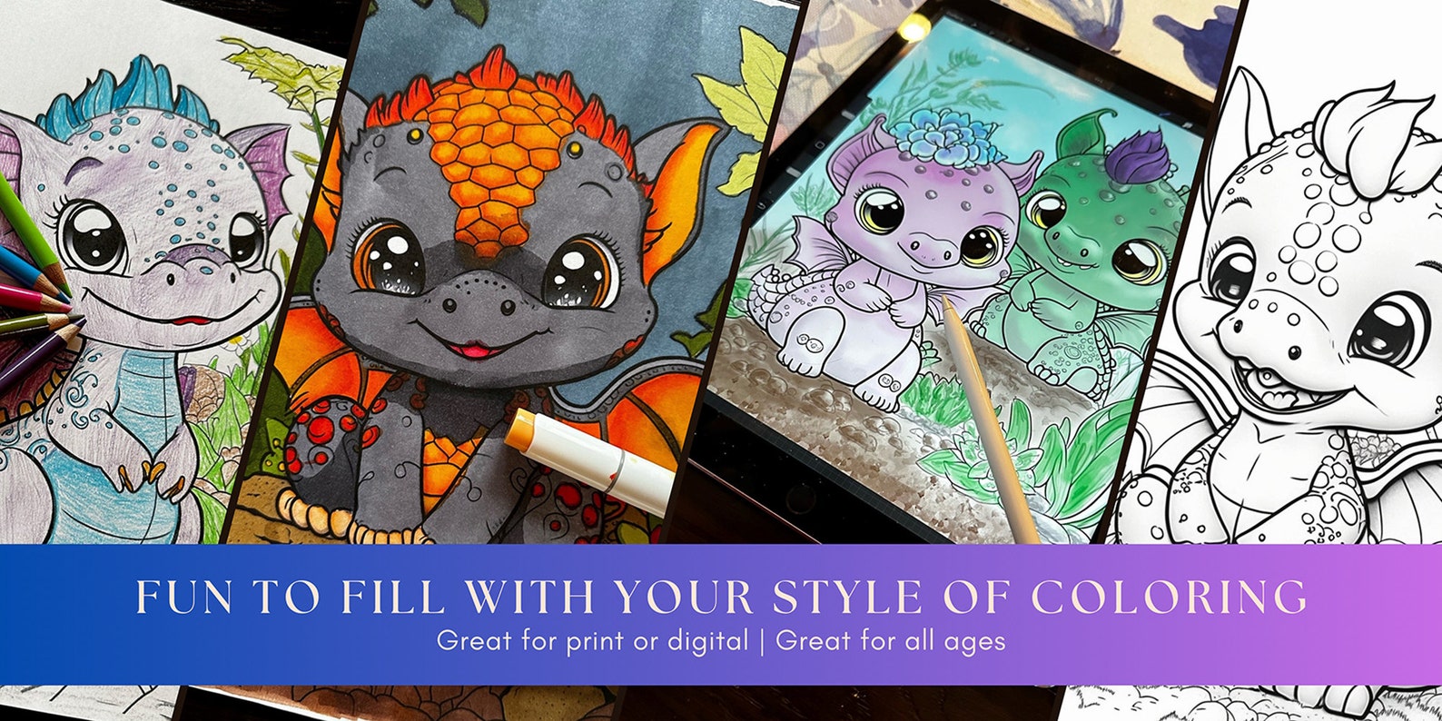 40 Cute Kawaii Baby Dragon Fantasy Coloring Book Pages, Great for ...