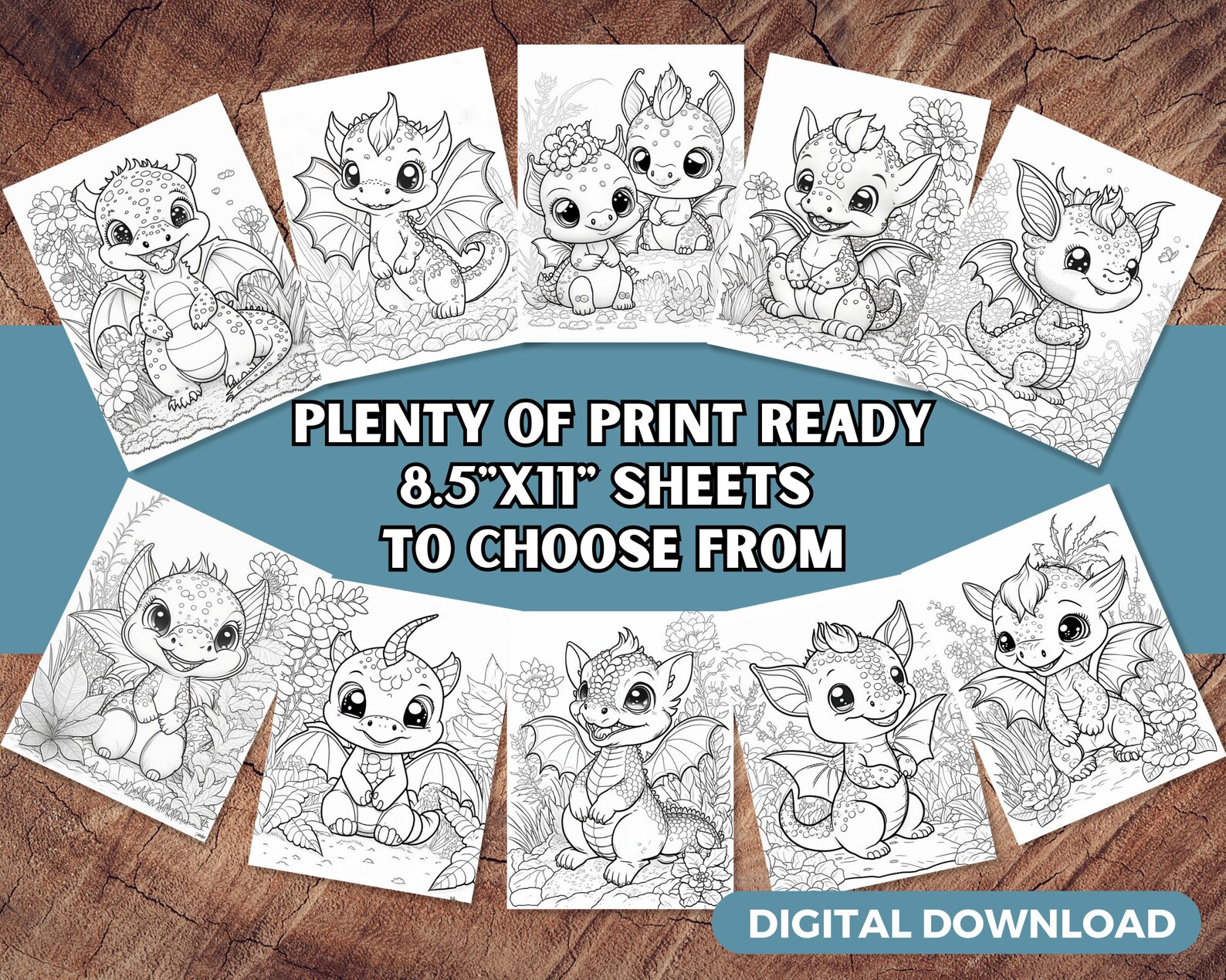 40 Cute Kawaii Baby Dragon Fantasy Coloring Book Pages, Great for ...