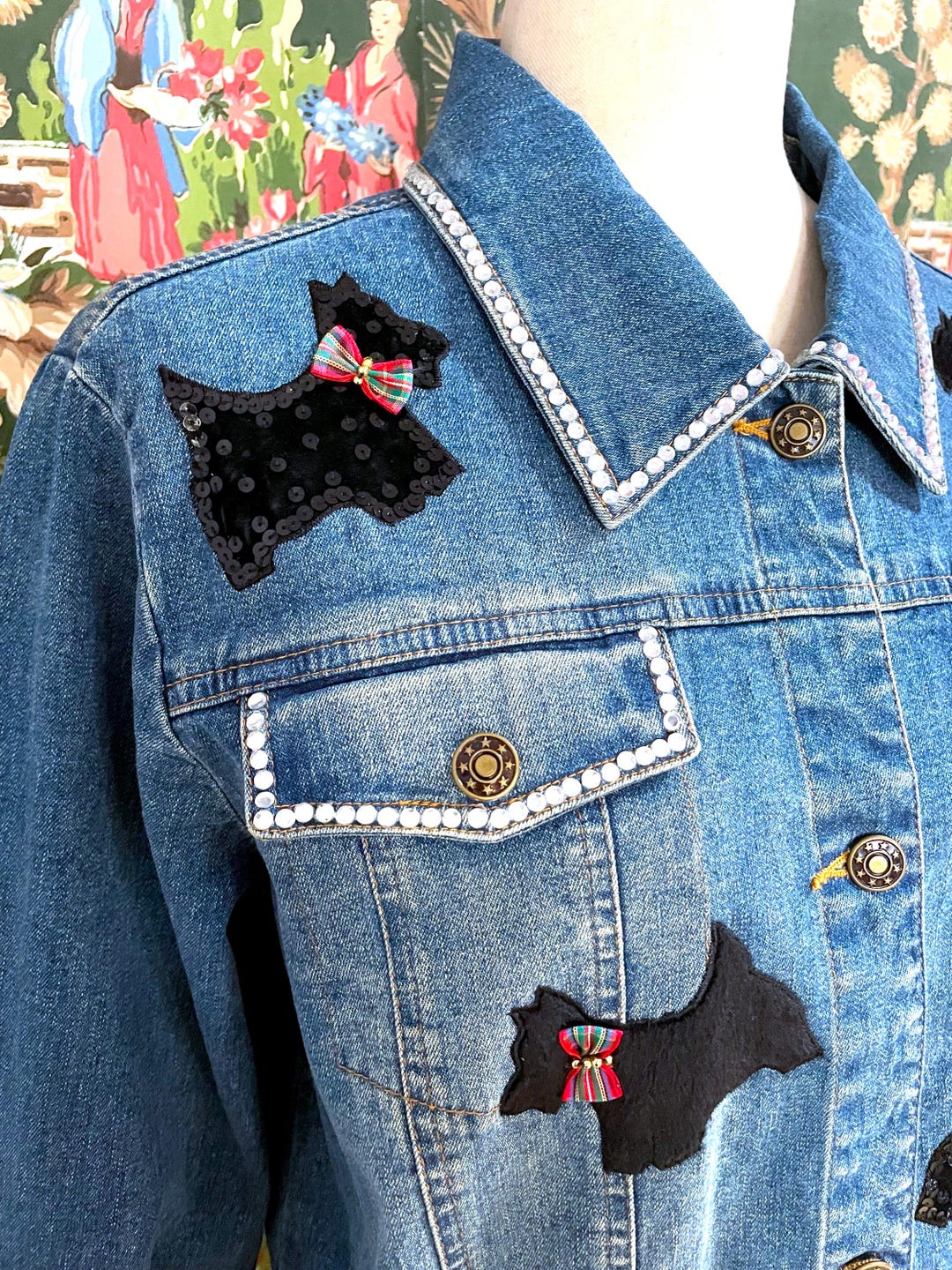 Y2K Vintage Quacker Factory Denim Jacket With Scottish Terrier Patches and Rhinestones - Etsy