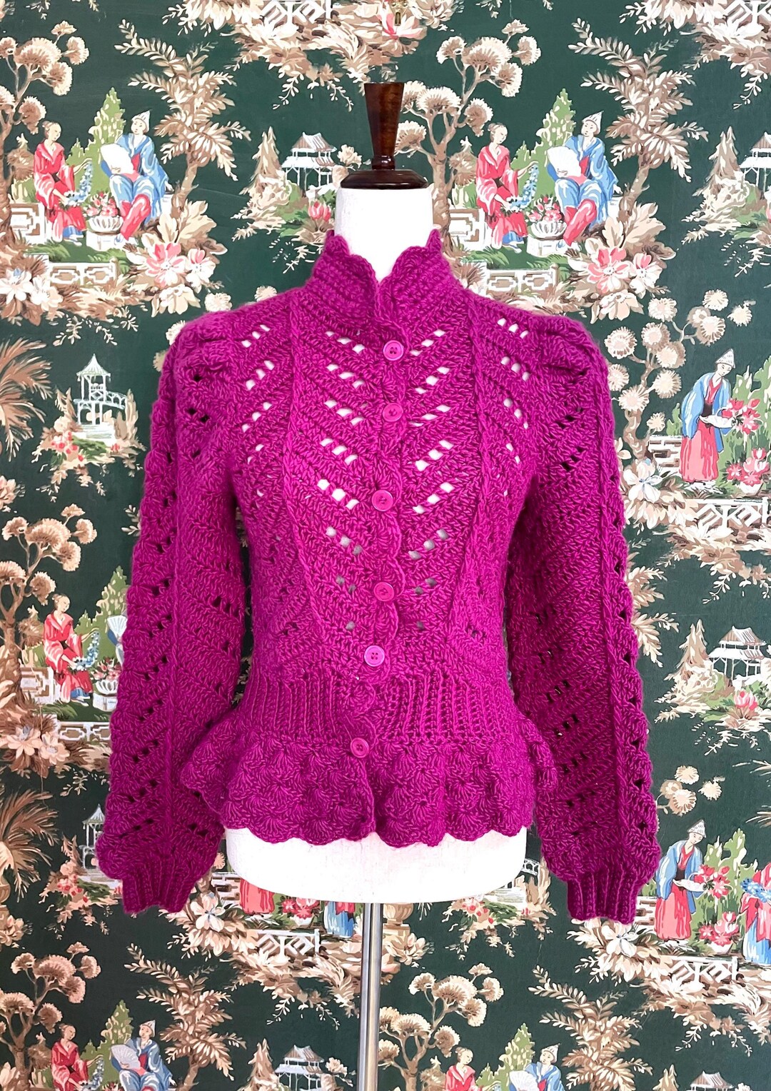 1970s Vintage Boho Fuchsia Crochet Sweater Jacket - Etsy