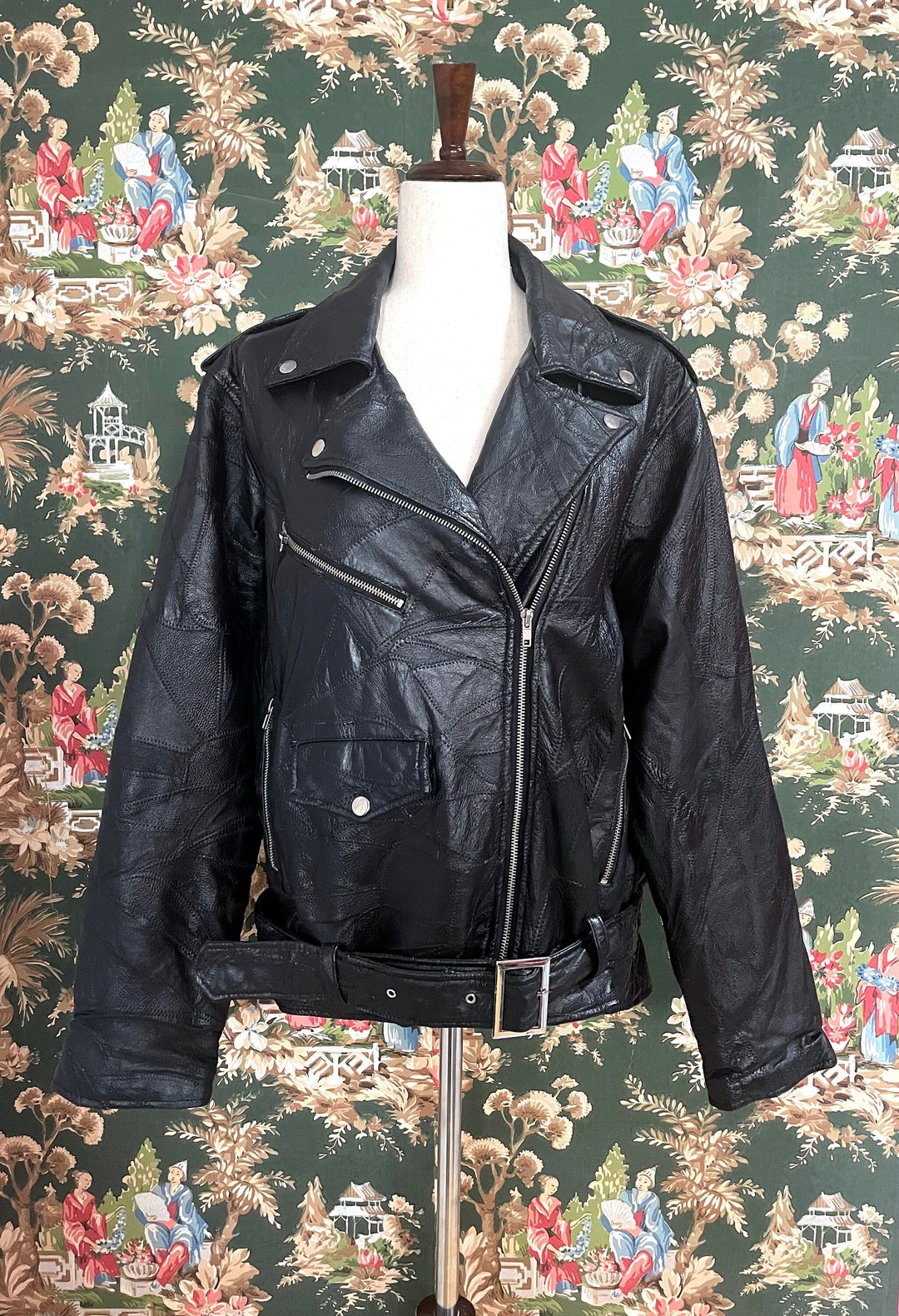Y2K Vintage Black Leather Motorcycle Jacket With USA Patch on the Back ...