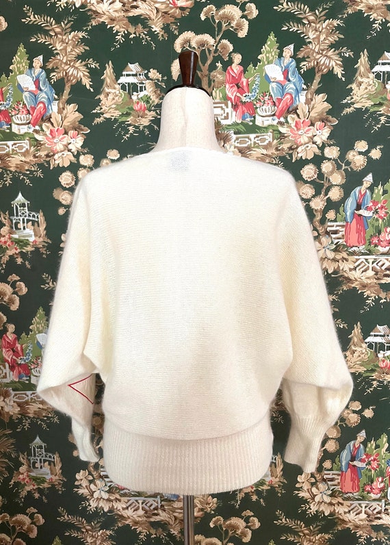 1980s Vintage White Angora Sweater with Pink Satin Ap… - Gem