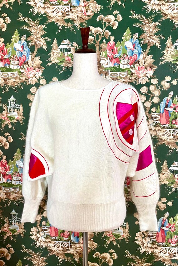 1980s Vintage White Angora Sweater with Pink Satin Ap… - Gem