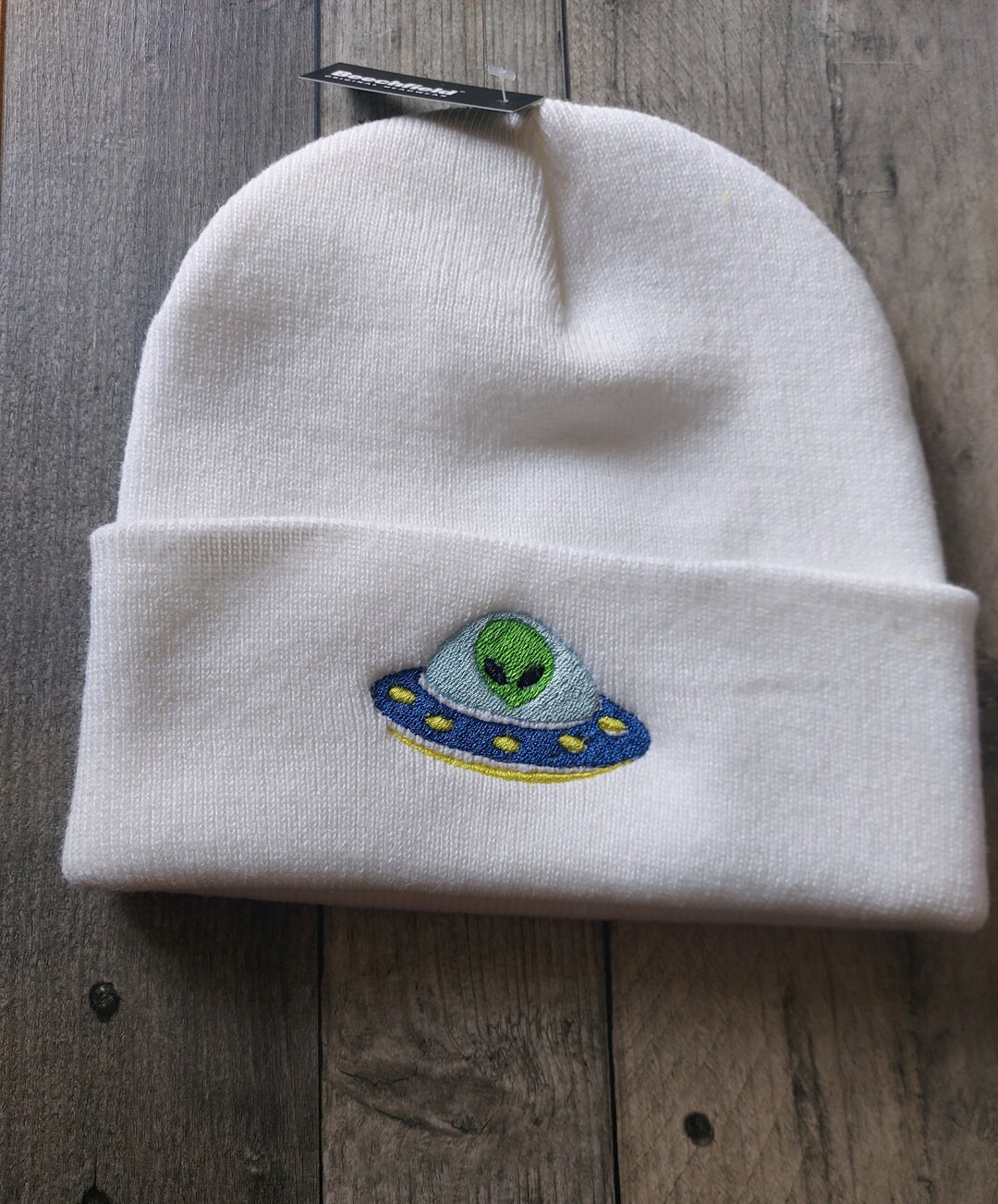 Alien in Spaceship Flying Saucer UFO UAP Beanie Hat, Embroidered. Adult ...