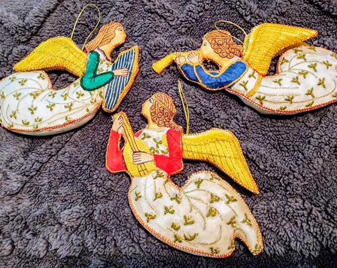 Vintage Set of 3) Sears Christmas Angel Ornaments Embroidered Silk ...