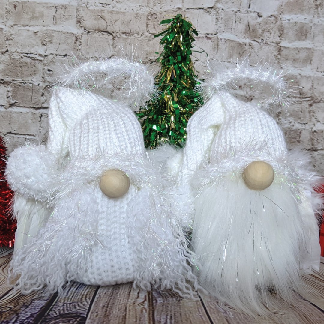 White Christmas Angel Gnomes Real Feather Wings Wired Knitted Halo - Etsy