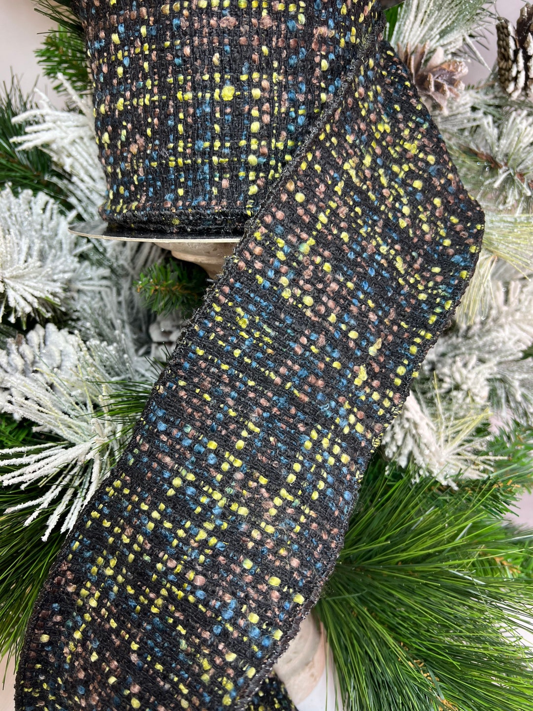 4 Inch, 10 Yard, Black and Multi Color Woven Wired Ribbon, D Stevens ...