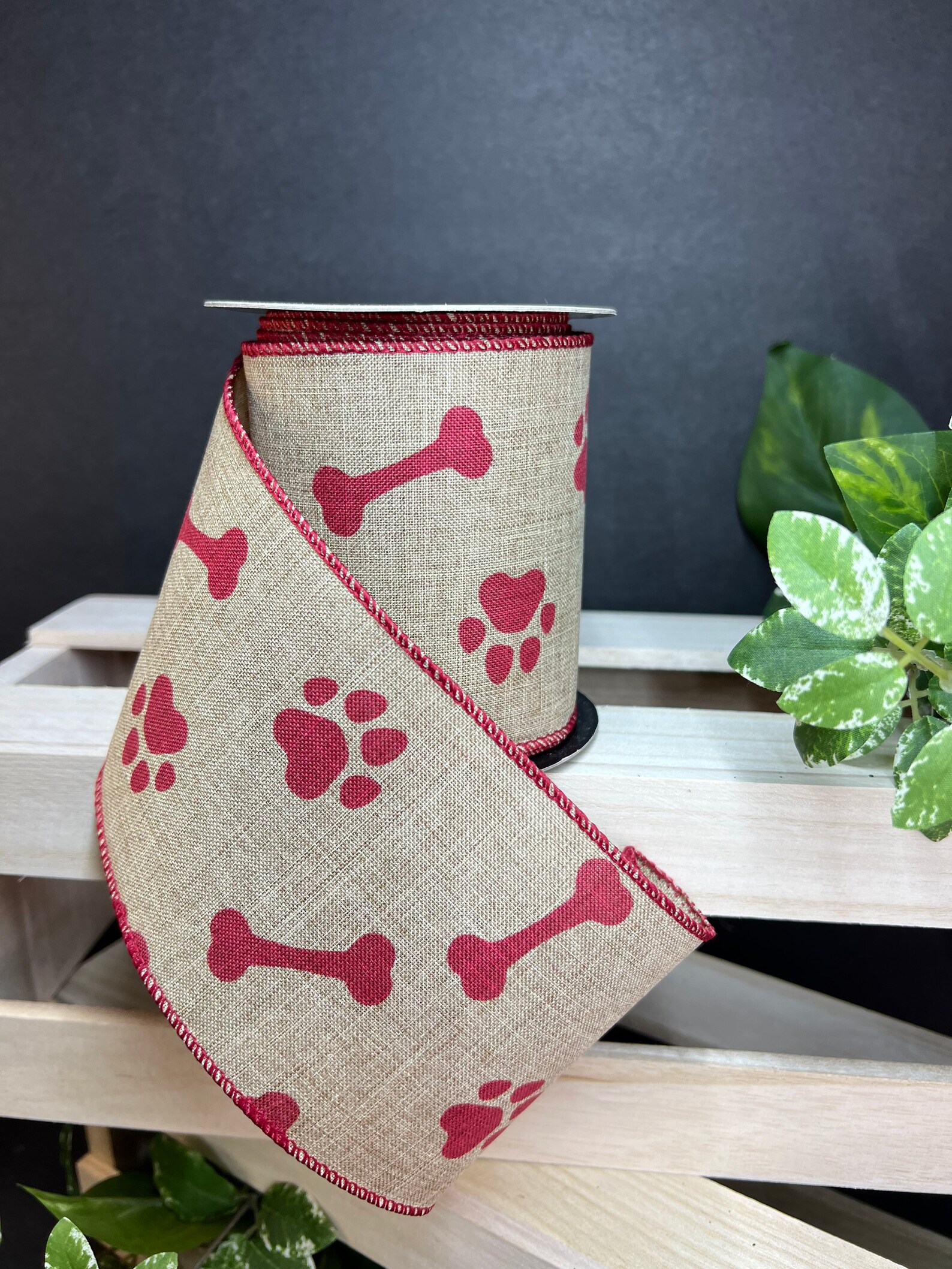 4 Inch...10 Yard Red Dog Bones and Paw Prints on Light Brown - Etsy