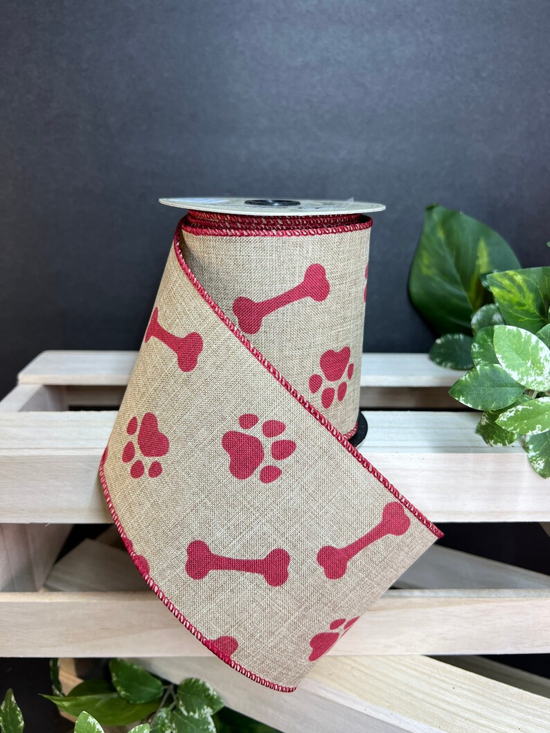 4 Inch...10 Yard Red Dog Bones and Paw Prints on Light Brown - Etsy