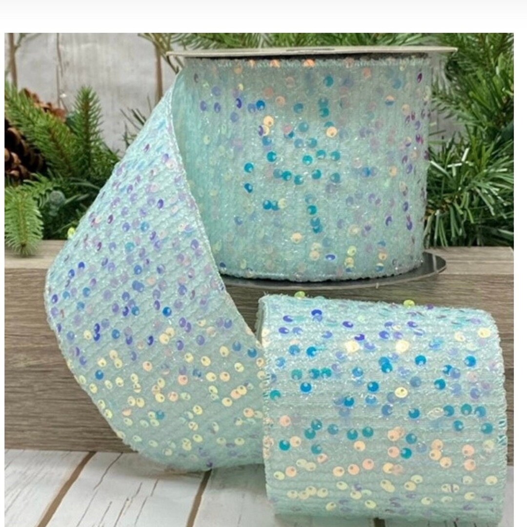 4 Inch Aqua Tinsel Sequin Wired Ribbon, Designer, Fine, Luxury, D ...
