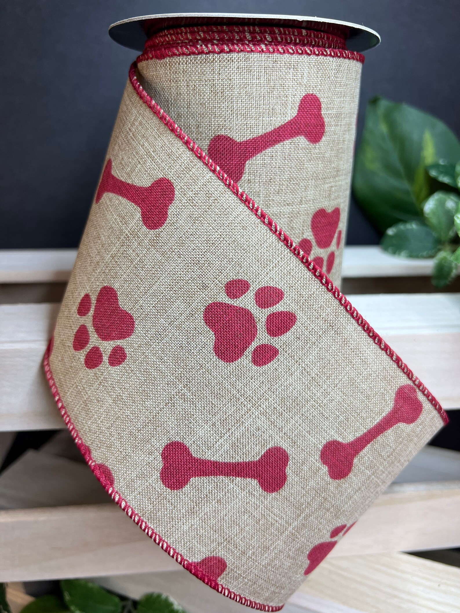 4 Inch...10 Yard Red Dog Bones and Paw Prints on Light Brown - Etsy