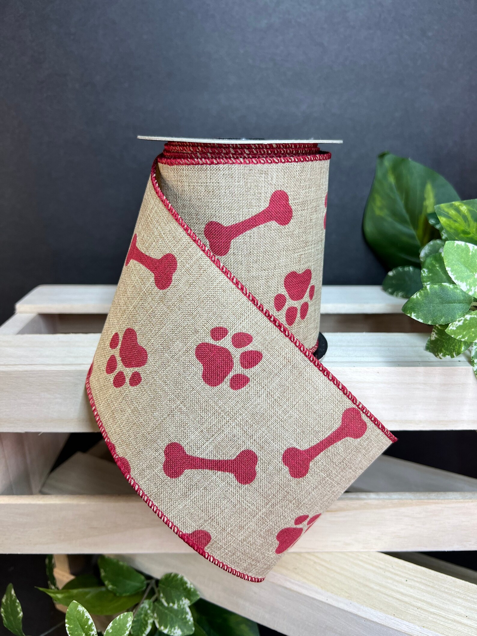 4 Inch...10 Yard Red Dog Bones and Paw Prints on Light Brown - Etsy