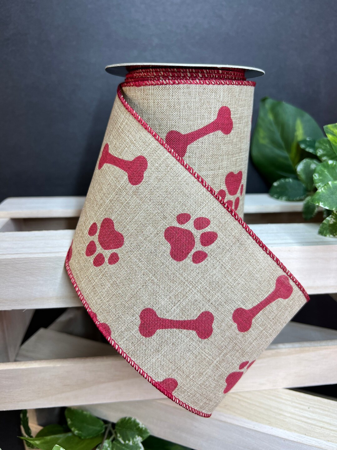 4 Inch...10 Yard, Red Dog Bones and Paw Prints on Light Brown Linen ...