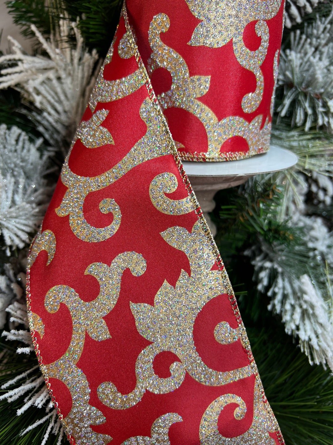 4 Inch...1 Yard, Gold and Silver Glittered Vines on Red Wired Ribbon ...