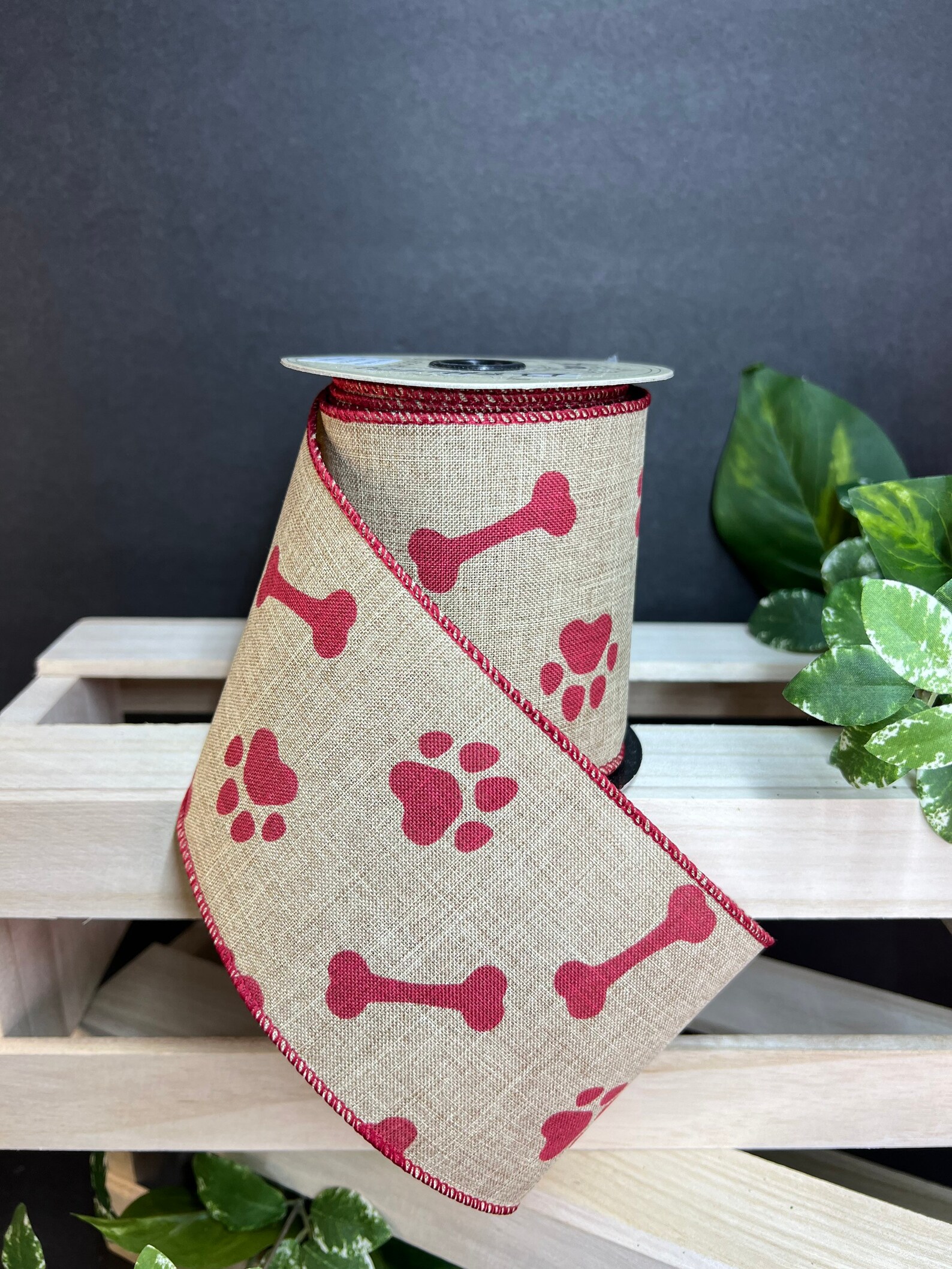 4 Inch...10 Yard Red Dog Bones and Paw Prints on Light Brown | Etsy