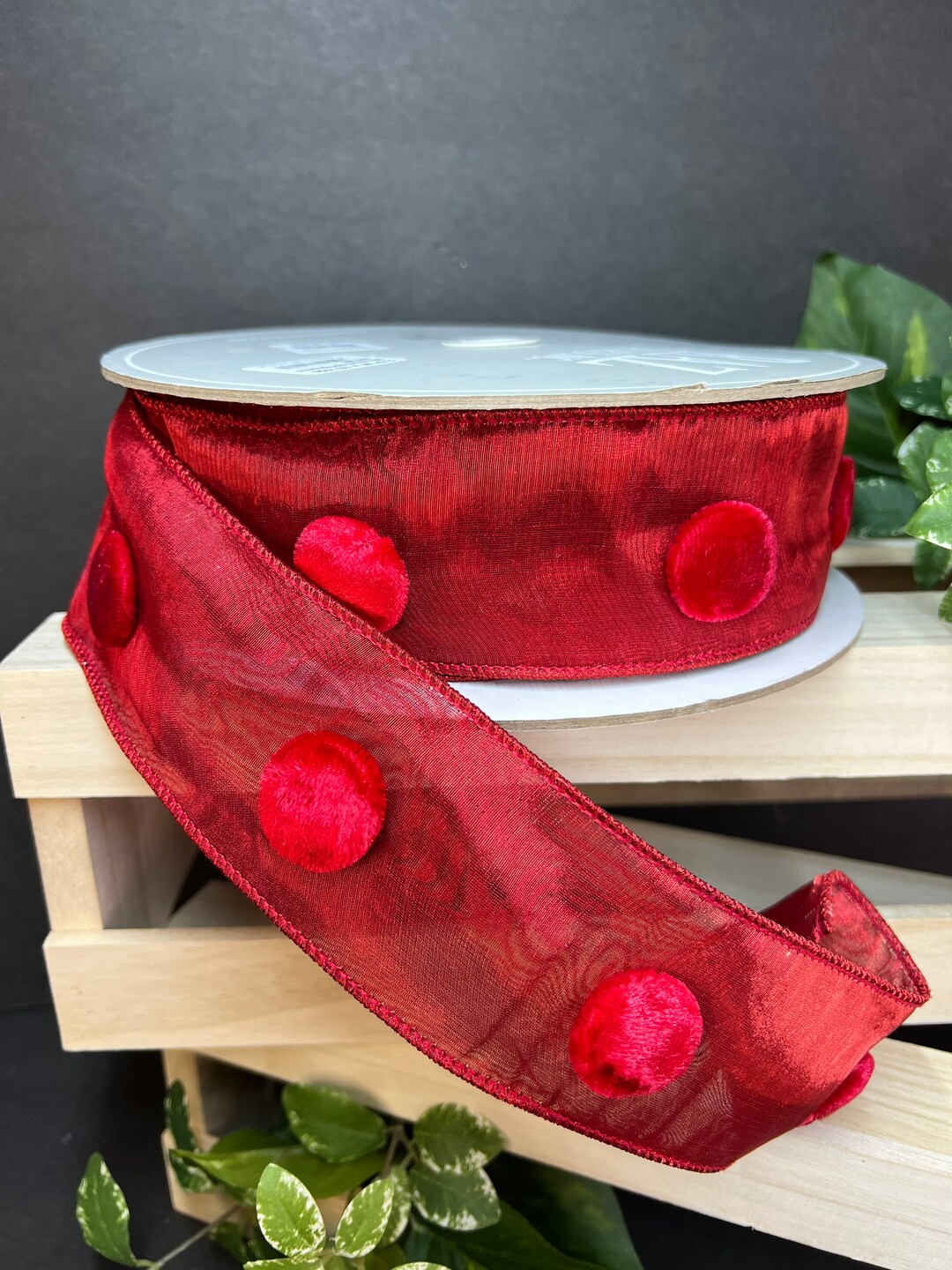 2.5 Inch...5 Yards, Velvet Buttons on Sheer Red Wired Ribbon, Luxury ...