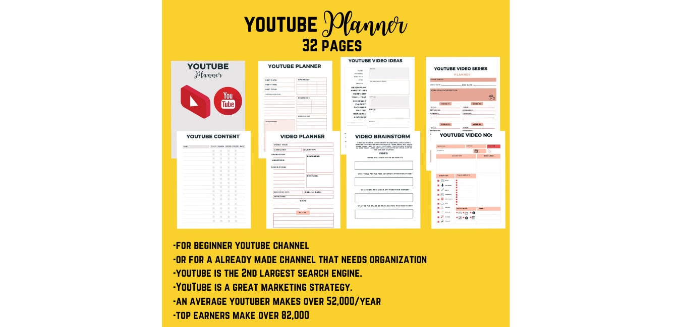 Youtube Planner, Video Planner, Social Media Content Calendar, EDITABLE ...