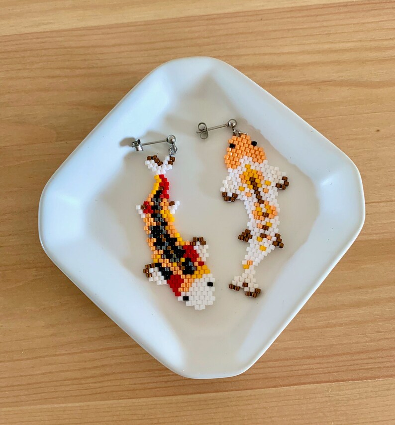 Beaded Mismatched Koi Fish Drop Earrings, Japanese Yin Yang Zen ...