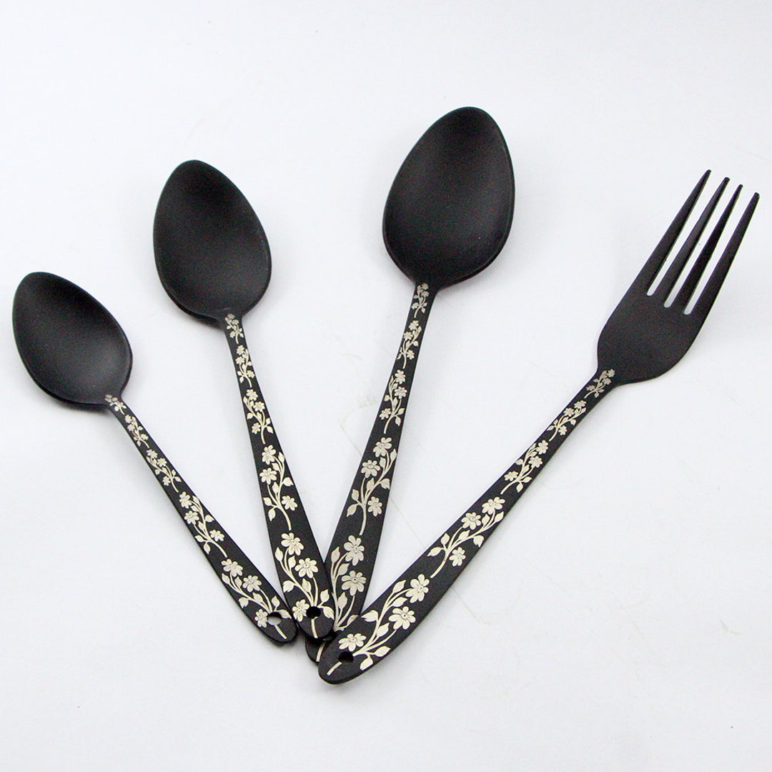 Vintage Antique Stainless Steel Black Silverware Set Handmade Flatware ...