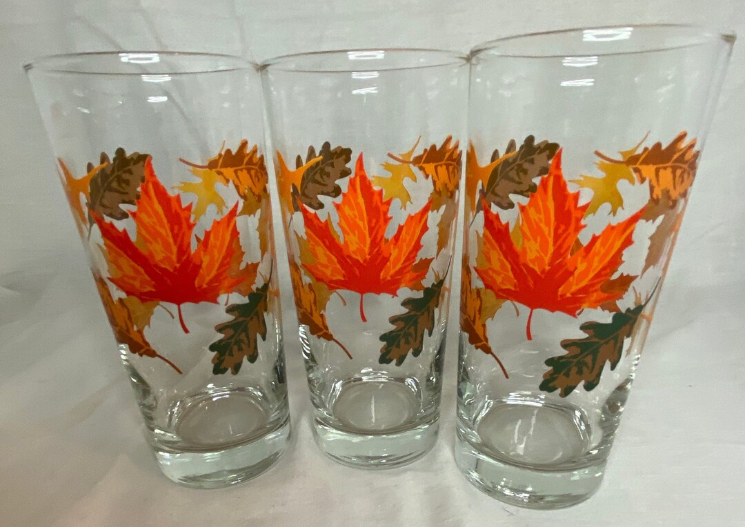 Vintage Fall Autumn Leaf Glass Tumblers - Thanksgiving Retro Glass ...