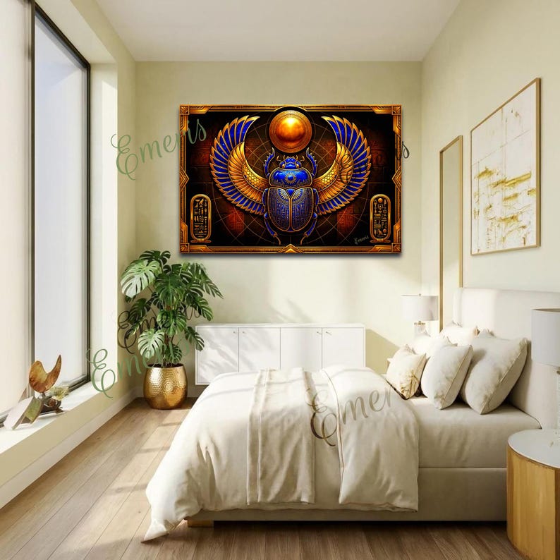 Pharaonic Scarab Metal Print – Gold Blue Ancient Egyptian Art Deco ...