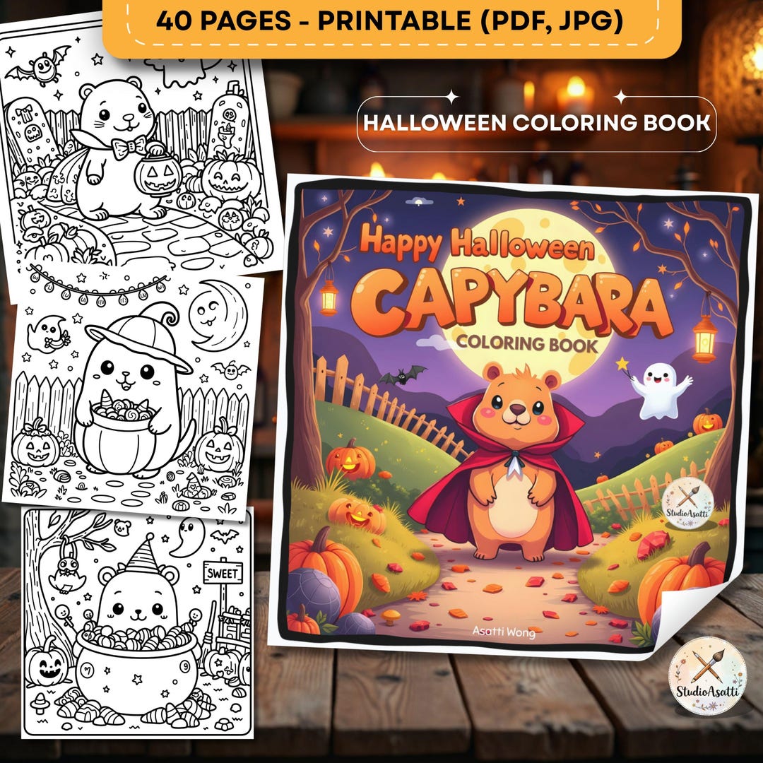 Spooky-cute Capybara Coloring Fun Adorable Halloween Kawaii Scenes ...